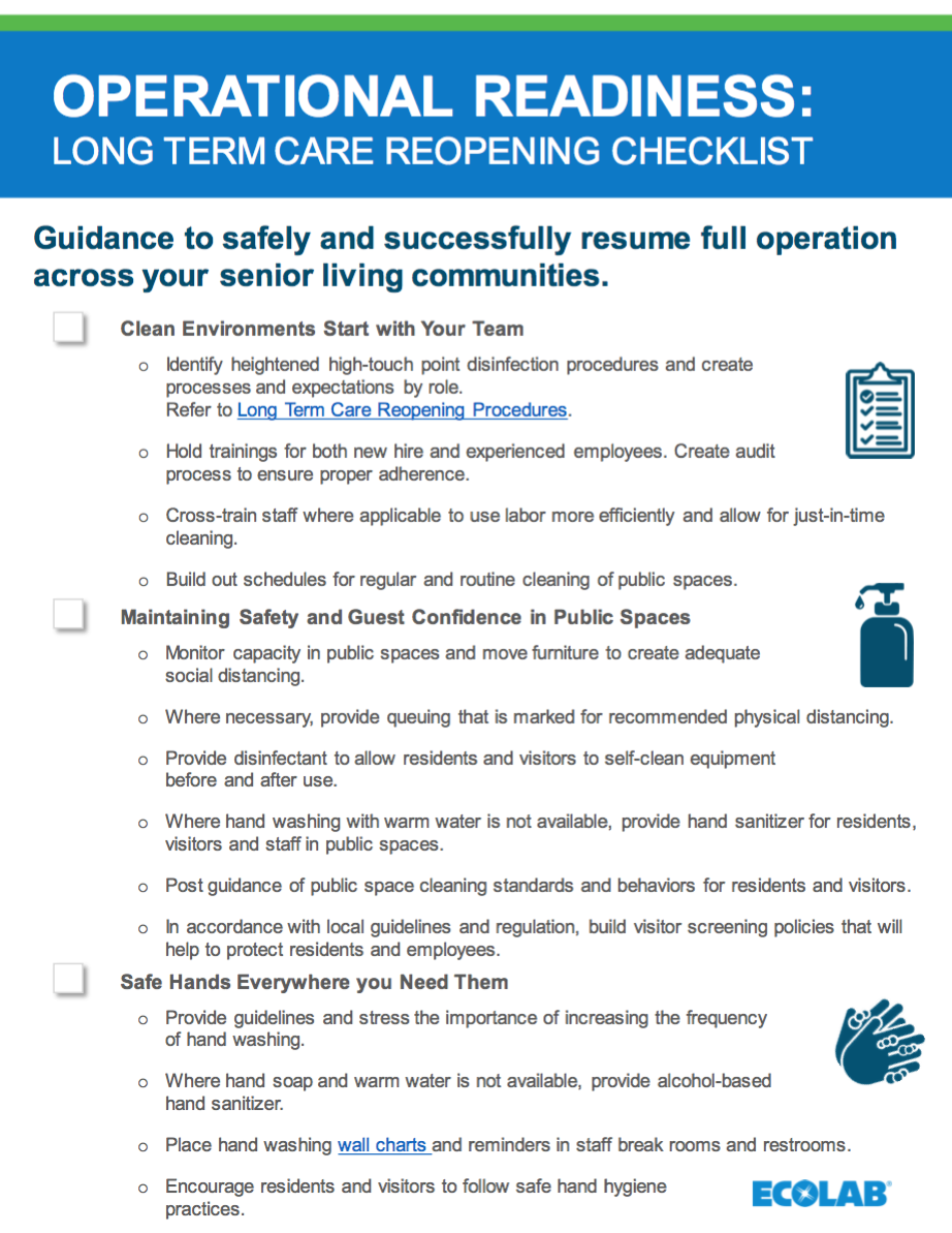 Operational Readiness: Long Term Care Reopening Checklist- Corporate